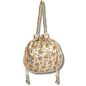 Embroidered Indian Ethnic Potli Bag for Women. Traditional, Handmade, Perfect for Weddings and Other Special Occasions (Gold)