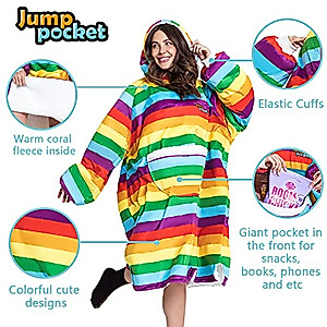 Jump Pocket Blanket Hoodie | Oversized Microfiber & Sherpa Wearable Blankets| Adult & Kids Size (Rainbow)