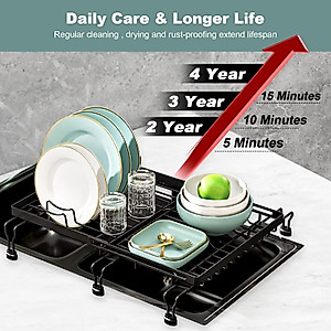 MOUKABAL Expandable Dish Drying Rack-Over Sink&Dish Drainer Holder for Kitchen Counter,Space-Saving Kitchen Organizer with Large Capacity,Matte Black, Stainless Steel