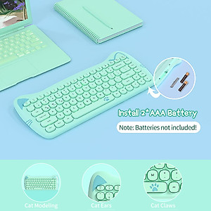 NACODEX 84 Key Cute Bluetooth Keyboard, Portable Thin Wireless Keyboard with Round Keycap/Kawaii Cat Ears Design, Aesthetic Keyboard Compatible with Android Windows iOS (Green)