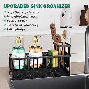 TomCare Sponge Holder for Kitchen Sink Extra Large Sink Caddy with Drain Tray Brush Holder Rustproof Kitchen Sink Organizer with 2 Adjustable Dividers Durable Kitchen Storage Accessories for Counter