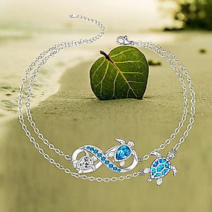 Turtle Anklet Blue Opal Sea Turtle Ankle Bracelets for Women Sterling Silver Infinity Wave Ocean Beach Summer Foot Bracelet Jewelry Layered Adjustable