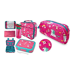 Bundle of kinsho Bento Lunch Box with Insulated Bag, Water Bottle&Ice Pack Set (Pink Unicorn) + Pencil Case for Girls, Cute Pouch Box Bag for Little Kids (Pink Unicorn)