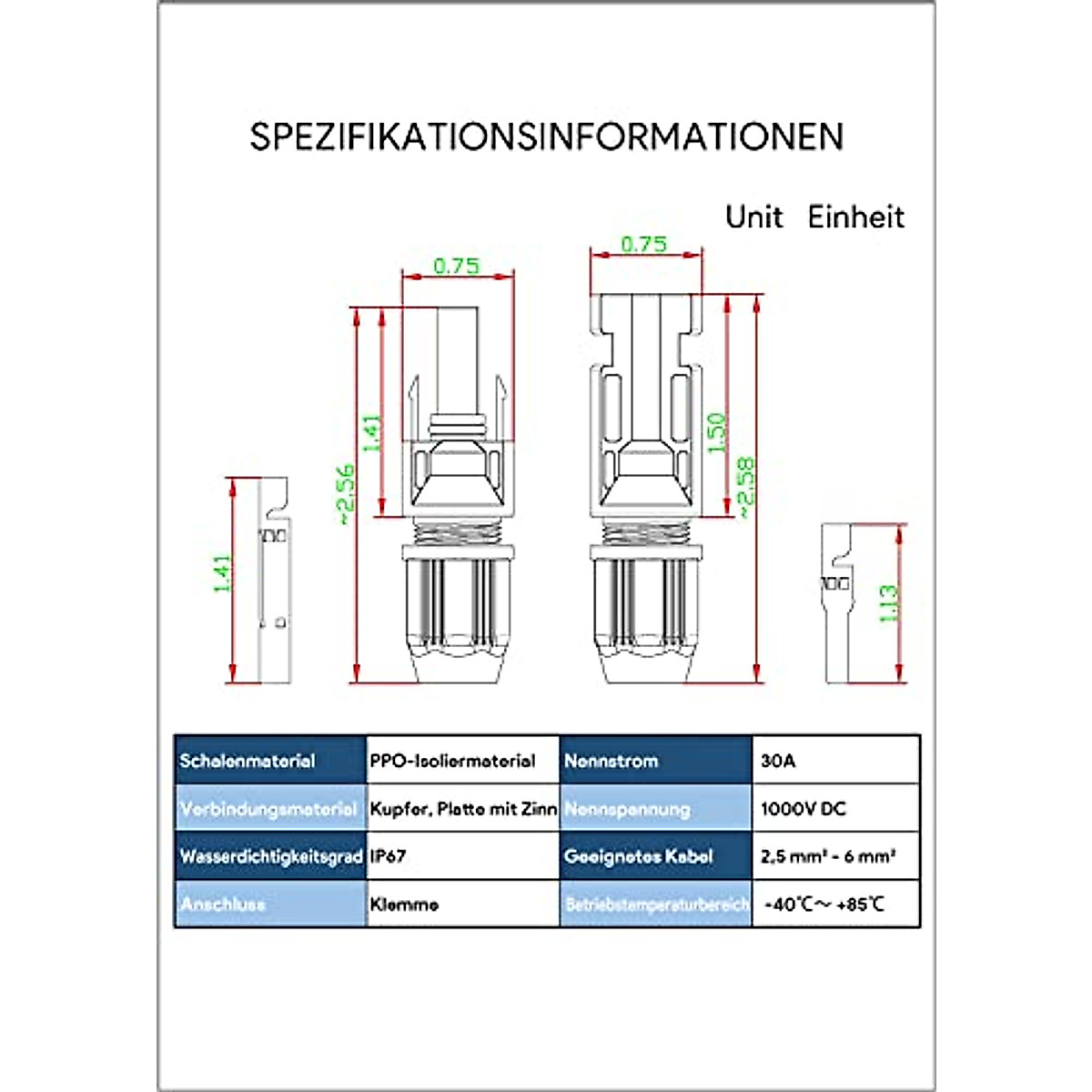 JYFT Solar Panel Cable Connectors Male/Female IP67 30A 1000V DC (5Pairs)