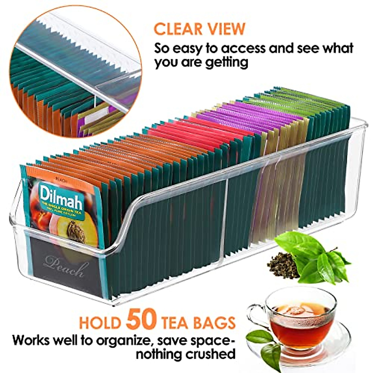 MaxGear Tea Bag Organizer Tea Bag Storage Tea Bag Holder Tea Box Clear Storage Bins for Sugar Packet, Coffee, Condiment, Spice Pouches in Kitchen, Cabinet, Countertop, Pantry, 10.4 x 3.5 x 3 inch