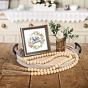 Round Wood Tray/w Wood Bead Garland - 13" Decorative Trays for Home Decor - Round Wooden Tray with Handles - Wooden Round Tray for Kitchen Counter.