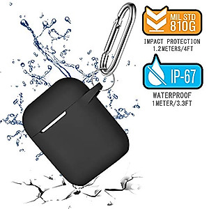 R-fun AirPods Case Cover, Soft Silicone Protective Cover with Keychain for Women Men Compatible with Apple AirPods 2nd 1st Generation Charging Case, Front LED Visible-Black