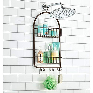 mDesign Extra Wide Hanging Shower Caddy Storage Organizer, Metal Wire Bathroom Organization Center with Built-In Hooks and Baskets on 2 Levels for Shampoo, Body Wash, Loofahs - Bronze