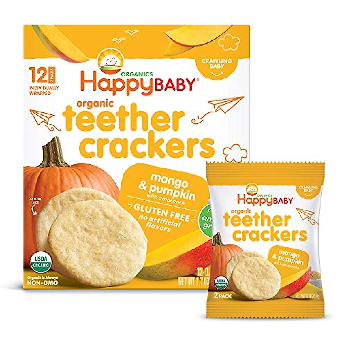 Happy Baby Organics Baby Snacks, Gentle Teething Crackers, Gluten Free & Vegan, Mango & Pumpkin, 12 Count (Pack of 6)