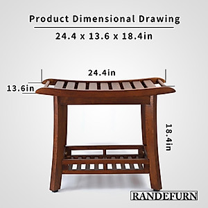 RANDEFURN 24“ Teak Shower Bench with Shelf,Teak Wood Shower Stool,Waterproof Wood Shower Chair for Elderly,2-Tier Wooden Shower Seat Spa Stool for Indoor and Outdoor Use.(24 x 13.4 x 18.3in, Brown)