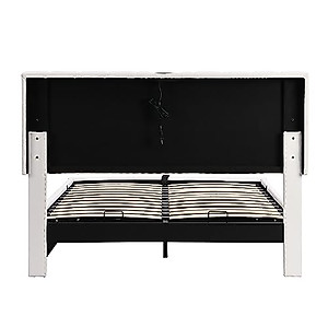 CKLMMC Modern Upholstered Platform Bed with Hydraulic Storage System,Full Size PU Storage Bed with LED Lights and USB Charger for Kids Teens Adults (White/PU-K)