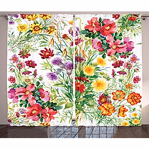 Ambesonne Flower Curtains, Floral Design Garden Like Romantic Theme Image with Leaves Rose Blooms Daisies Image, Living Room Bedroom Window Drapes 2 Panel Set, 108" X 84", Yellow Pink