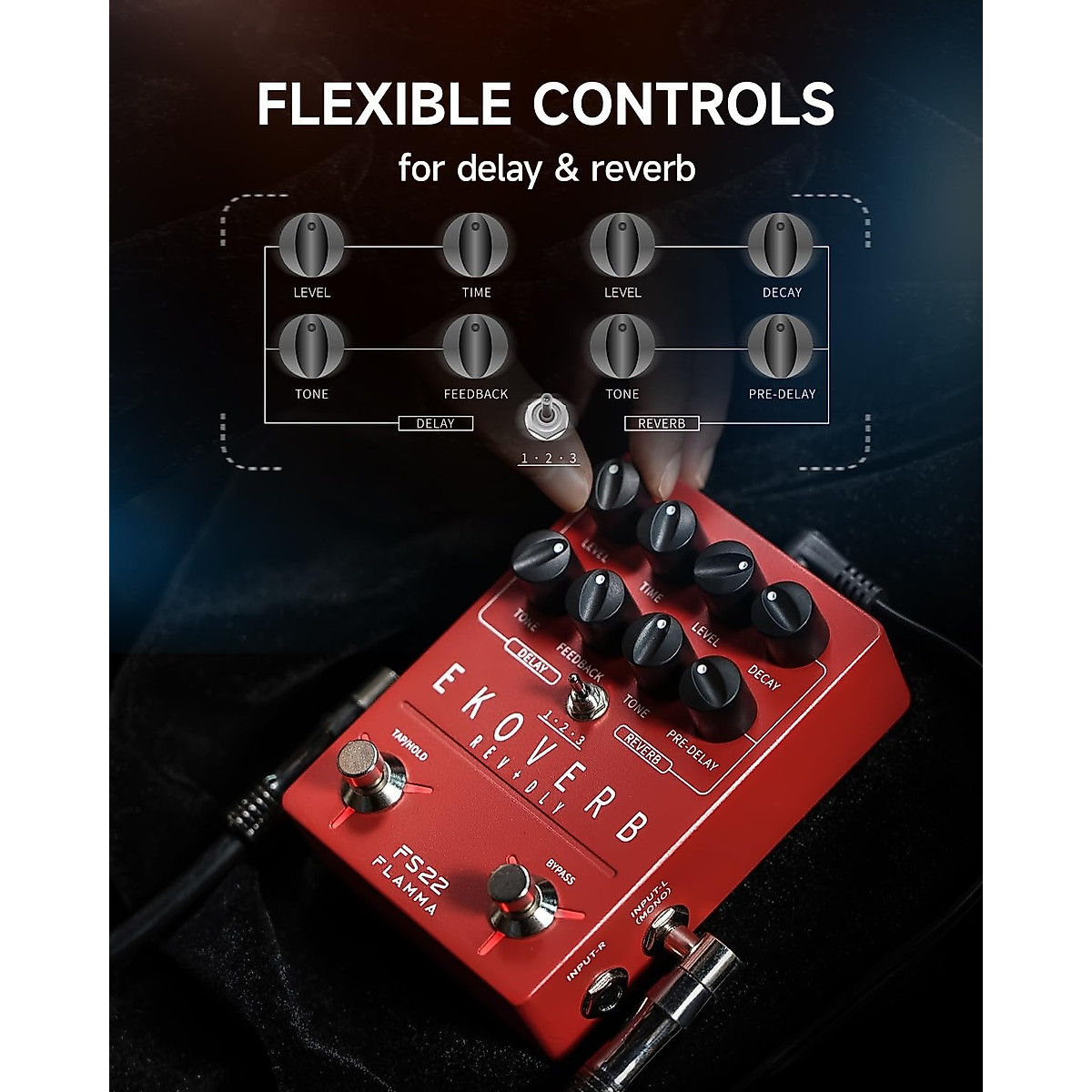 FLAMMA FS22 Stereo Delay & Reverb Combo Effects Pedal Ambient Guitar Pedal with 3 Pairs Combo Effects Reverse Delay Shimmer Reverb Tap Tempo Freeze Trail On Function