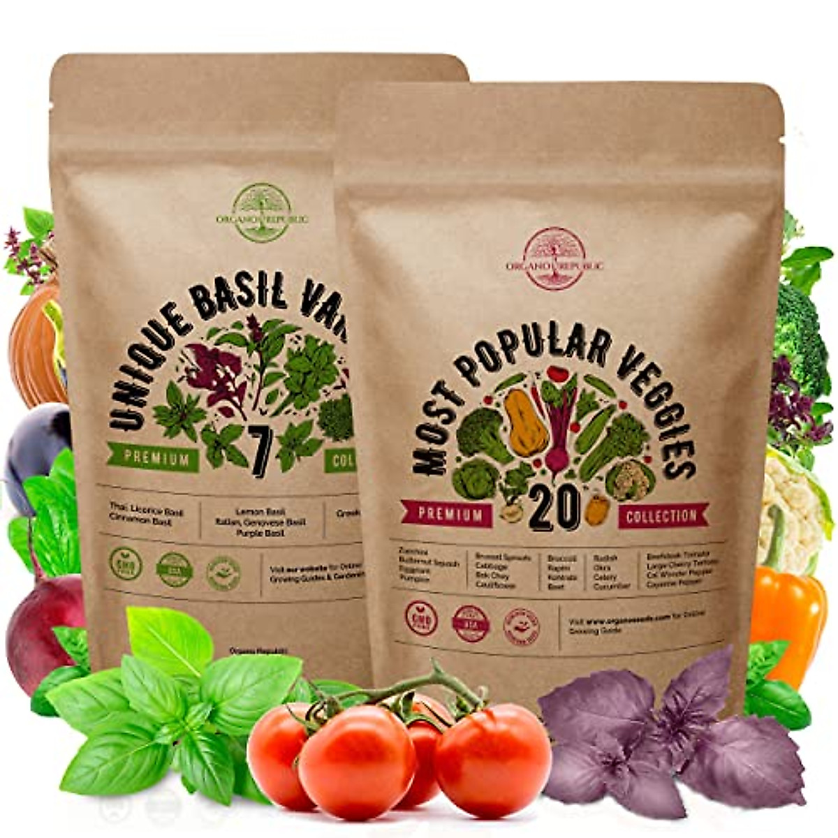 7 Basil Herb & 20 Most Popular Vegetable Seeds Variety Packs Bundle Non-GMO Heirloom Seeds for Planting Indoor and Outdoor Over 3200 Herbs & Vegetables Seeds in One Value Bundle
