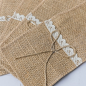 Samanter Burlap Lace Bow Utensil Holders 10Pcs Silverware Cutlery Pouch Knifes Forks Bag for Vintage Natural Wedding
