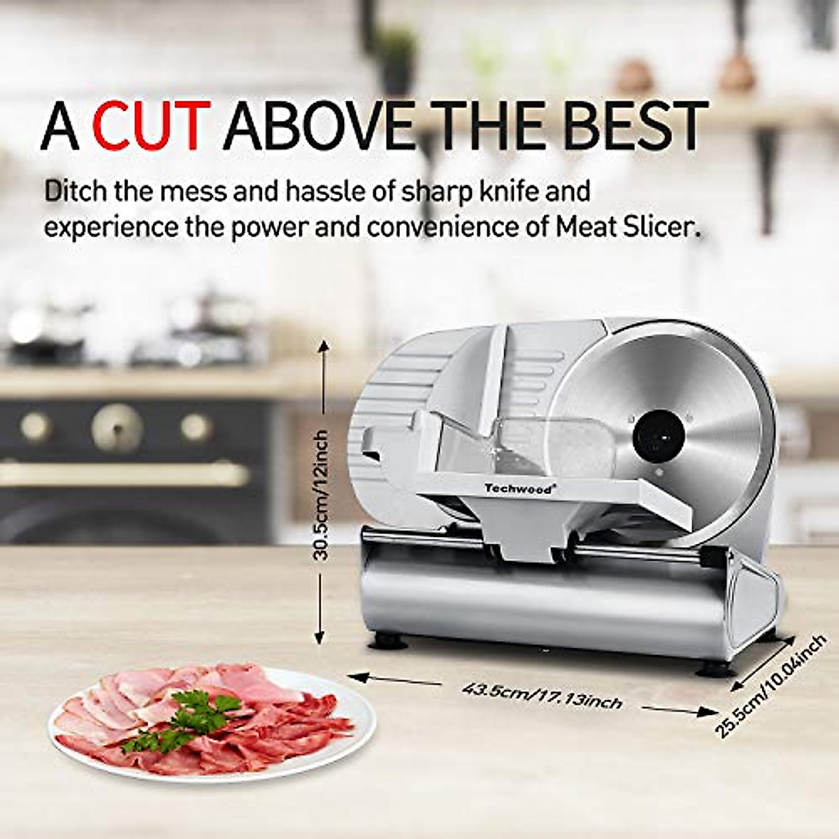 Meat Slicer, Techwood Electric Deil Food Slicer with Removable 9” Stainless Steel Blade, Deli Cheese Fruit Vegetable Bread Cutter with Adjustable Knob for Thickness, Food Carriage & Non-Slip Feet