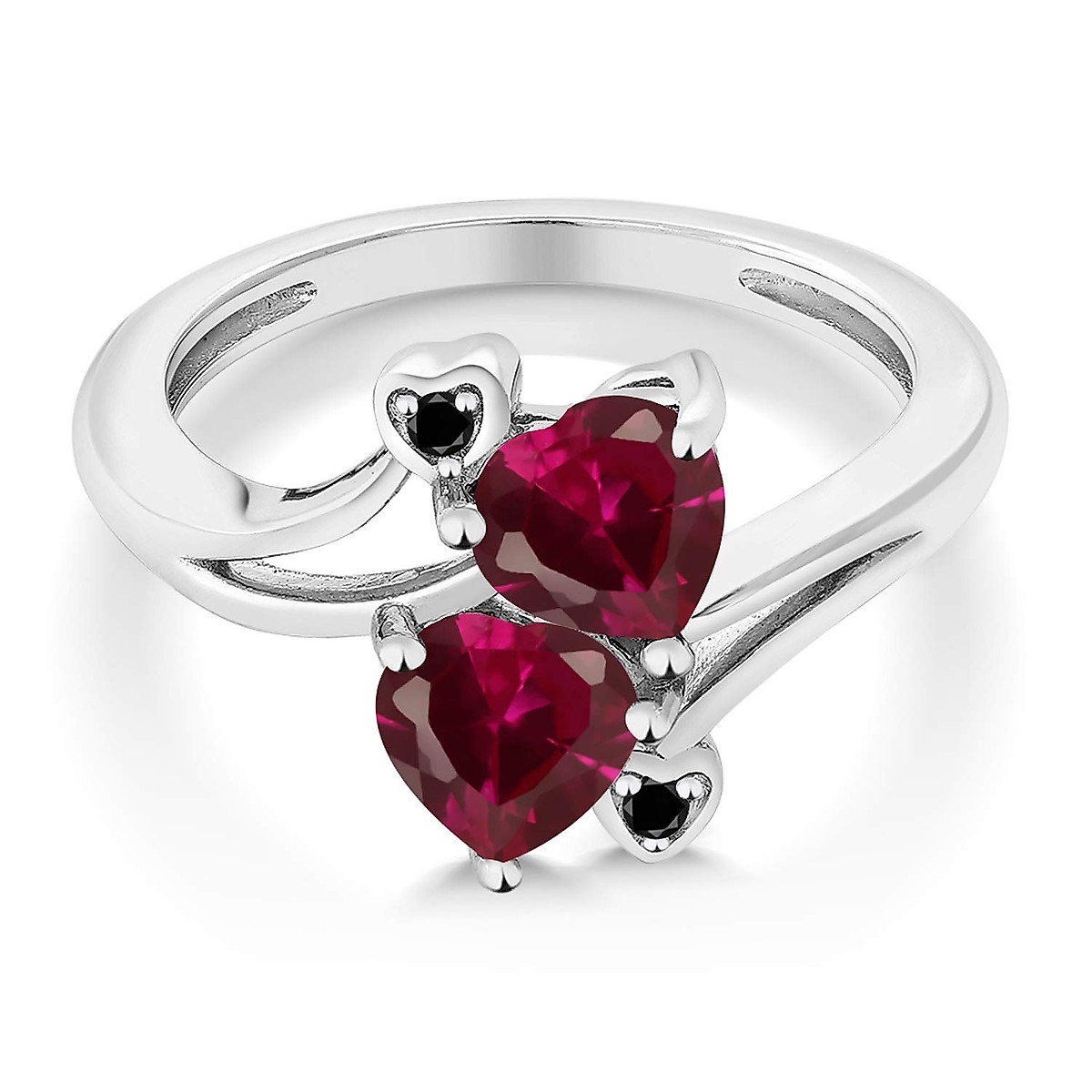 Gem Stone King 10K White Gold Red Created Ruby and Black Diamond Ring For Women (1.96 Cttw, Heart Shape 6MM, Gemstone Birthstone, Available In Size 5, 6, 7, 8, 9)