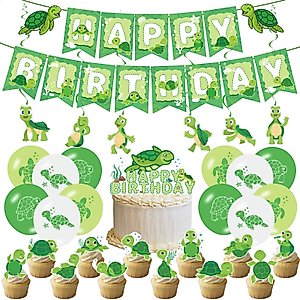 Chilfamy Turtle Party Decorations, Cute Turtle Party Supplies with Birthday Banner, Hanging Swirls, Green Turtle Baby Cake Toppers, Balloons for Kids Animal Theme Baby Shower, Birthday Party Decors