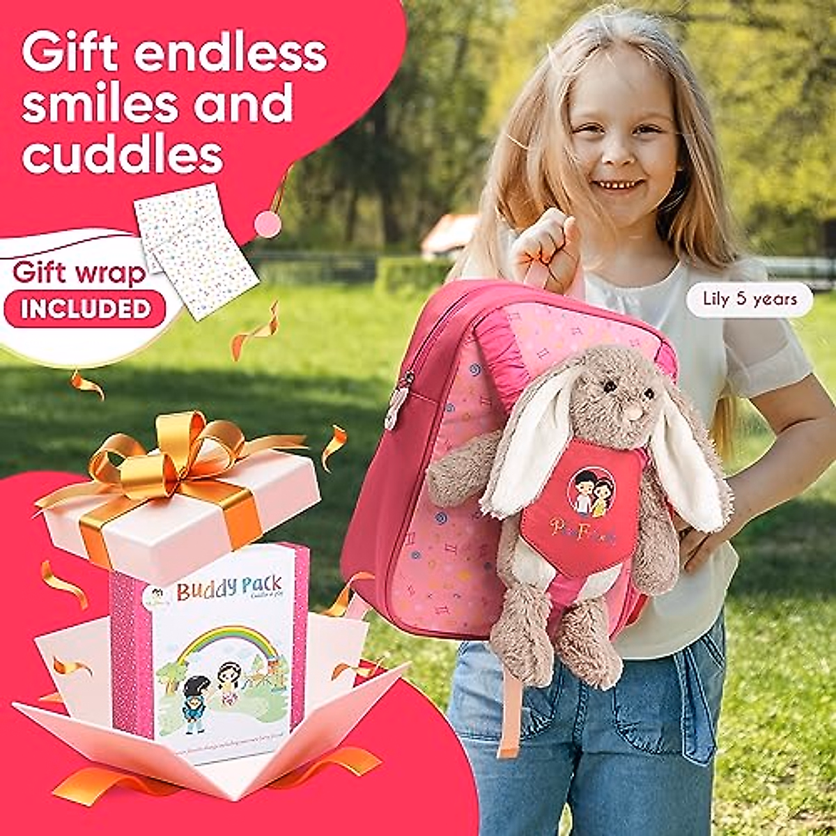 Play Friends Girls Backpacks Ages 4-6 - Medium Size Kids Backpack with Cute Rabbit Plush Toy Great as School Bag, Bookbag, Travel Bag - Birthday Gift for Girls 3 Years Old and Up