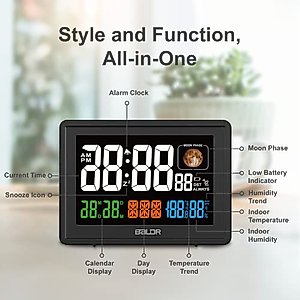 BALDR Atomic Alarm Clock - Large Color Display Digital Desk Clock - With Indoor Thermometer for Temperature & Humidity - Date & Real-Time Moon Phases - Perfect Office Clock or Nightstand Clock (Black)