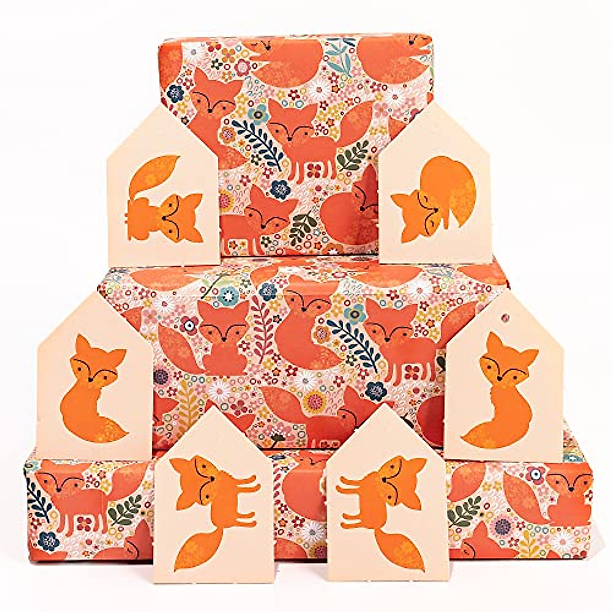 CENTRAL 23 Fall Wrapping Paper - Foxes Wrapping Paper For Birthday Thanksgiving Christmas - 6 Sheets Of Cute Orange Wrap For Women Men Kids - For Birthdays New Baby - Comes With Stickers