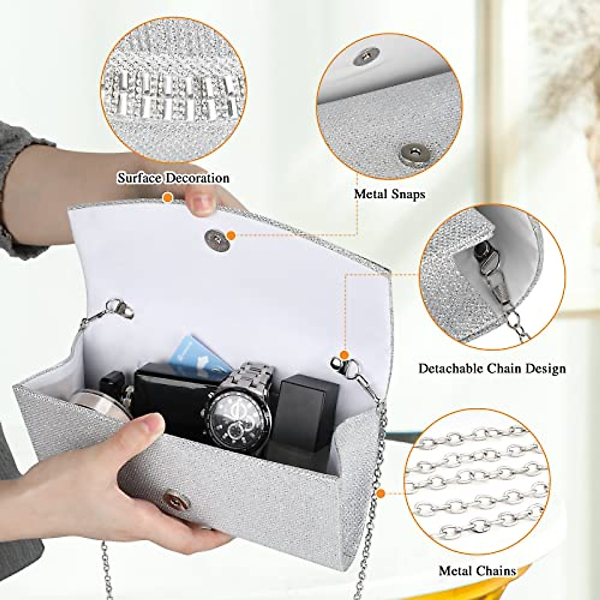 Pinprin Ladies Evening Clutch Elegant Envelope Handbag Womens Wedding Party Prom Bridal Party Purse (B-Silver)