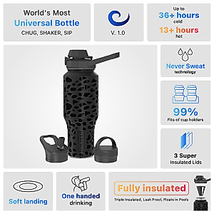 COLDEST Sports Water Bottle - 3 Lids (Chug Lid, Straw Lid, Handle Lid) Tumbler with Handle on Lid Water Bottles Cup Vacuum Insulated Stainless Steel, Fits Cirkul Lid (36 oz, Black Leopard)