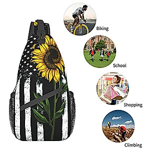 Sunflower And American Flag Sling Backpack Crossbody Shoulder Bags For Women Men, Sling Bag Travel Hiking Chest Bag Daypack