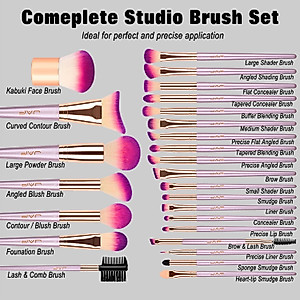 JAF 26pcs Makeup Brush Set Professional Kabuki Full Face Contour Brush Set Pink Complete Vegan Brush Kit, Soft Make Pretty Cute Rose Gold Cosmetic brush Purple