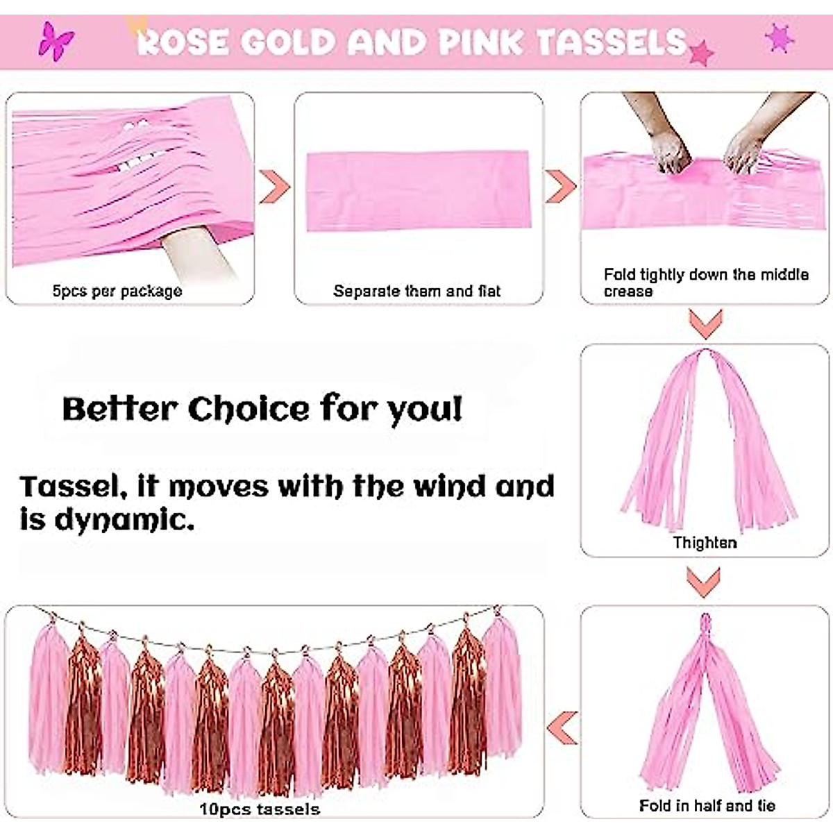 Rose Gold Birthday Party Decorations for Women, Happy Birthday Banner Backdrop, Rose Gold Stars Tassels Balloons Party Decorations Supplies for 16th 21st 30th 40th 50th Birthday Decorations Women Girl