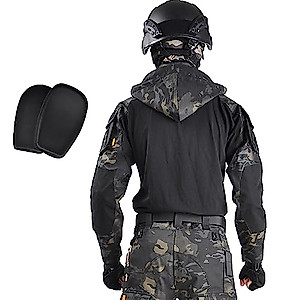 HAN·WILD Men's Tactical Shirt Combat Airsoft Long Sleeve Shirts with Elbow Pads Camo Military T-Shirt with Hood