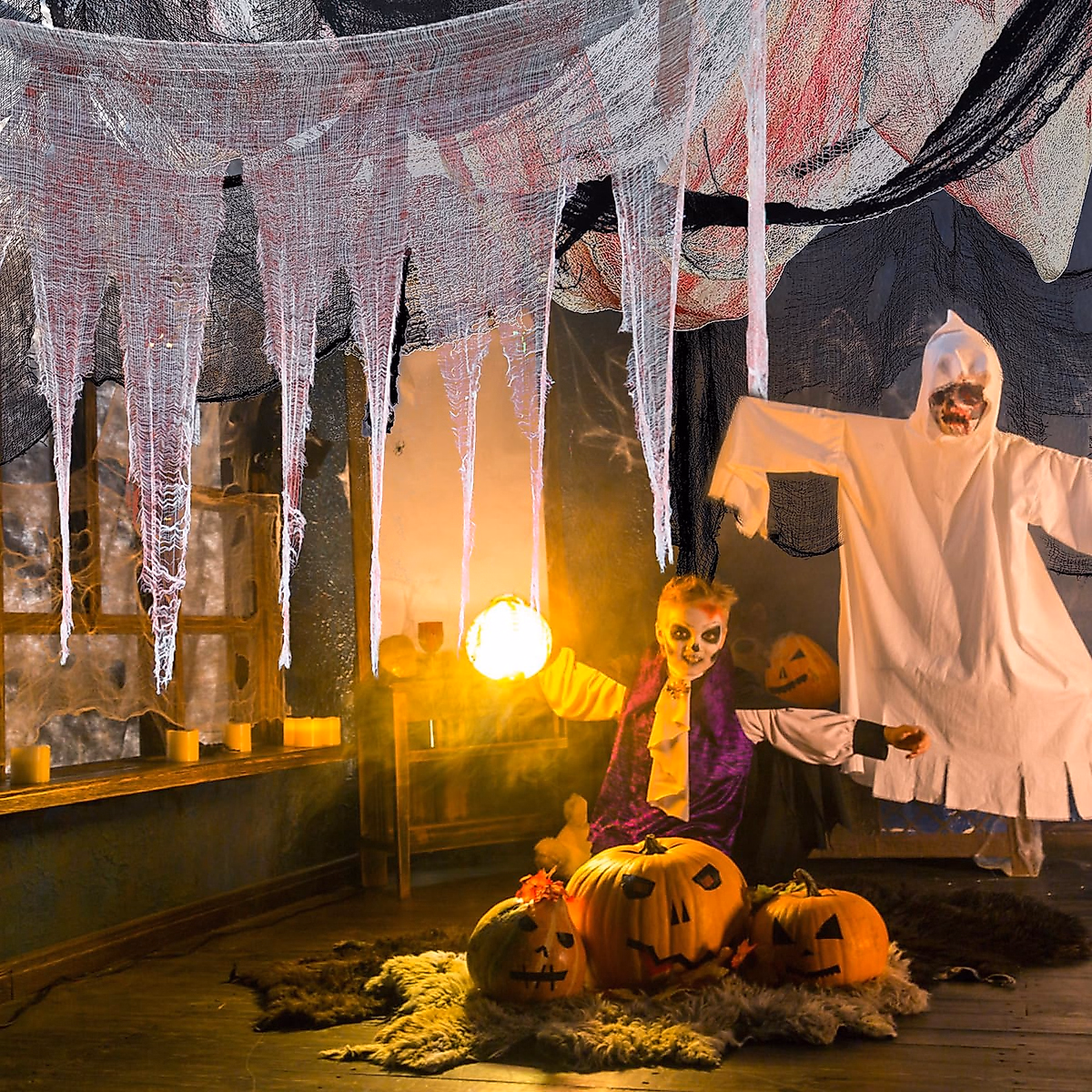 3Pcs Halloween Creepy Cloth 144x31 Inches Spooky Halloween Gauze Cheesecloth Halloween Party Decorations Supplies Indoor Outdoor Wall Yard Patio Decor(Black, White, Blood Red)