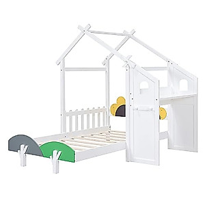 NCKMYB Kids House Bed with Flower Decor Headboard, Twin Size Wood Platform Bed with Desk, Fun Playhouse Bed for Boy Girl, White