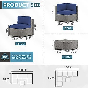Crownland 7-Pieces Outdoor Patio Furniture Sets, All-Weather Grey Wicker Rattan Sectional Sofa, Modern Glass Coffee Table and Washable Seat Cushion with YKK Zipper (Dark Blue)
