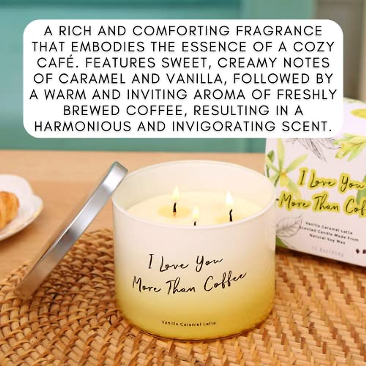 Vanilla Caramel Latte 3 Wick Soy Candle | I Love You More Than Coffee Scented Candle | Aromatherapy Candle for Home 15.8 oz | Strong Coffee Candles with Message for Him & Her, Mothers Day Candle Gifts