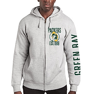 Junk Food Standard Soft Full Zip Hooded Fleece, Unisex Fit, Green Bay Packers-Athletic Heather, Large, Grey