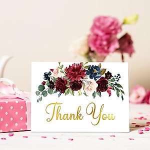 Whaline 36 Pack Floral Thank You Cards Bulk Watercolor Navy Burgundy Flower Greeting Cards with Envelope Sticker Gold Foil Spring Blank Note Cards for Wedding Birthday Baby Shower Party, 4 x 6 Inch