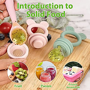 Baby Fresh Fruit Food Feeder Pacifier - 2 Packs BPA Free [3 Sizes Silicone Food Pouches Included] (Light Pink & Grass Green)