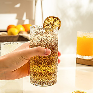 POLIDREAM Set of 4 Vintage Embossed Glass Cups | Art Deco Glassware | 2 Tall Crystal Tumblers & 2 Short DOF Glasses | Ideal for Whiskey, Beer, Juice, Water | Perfect for Home, Bars, Parties