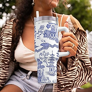 Xiexide 40oz Rustproof Hiking Tower Spring Chinese Folk Chinoiserie Style Double Walled Vacuum Insulatedith Handle And Straw,Hot & Cold Drinks