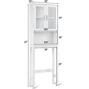 WATERJOY Over The Toilet Storage Cabinet, Bathroom Cabinet Organizer with 2 Moru Tempered Glass Door, Space-Saving Toilet Shelf, White