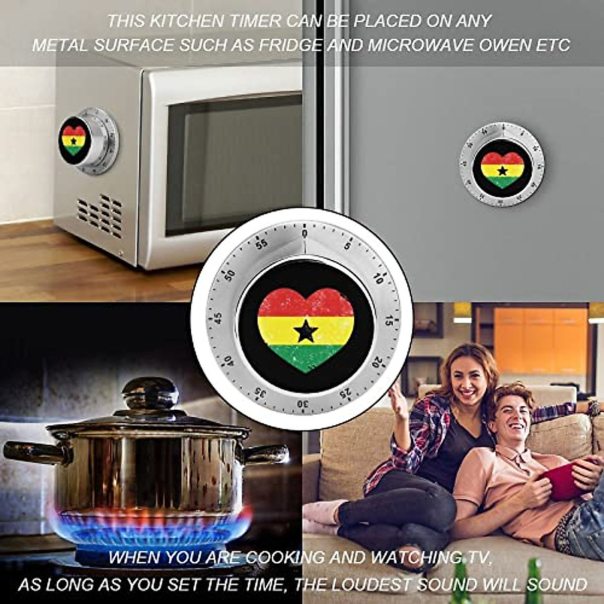 Ghana Retro Heart Flag 60 Minute Timer Stainless Steel Wind Up Timer Magnetic Timer Time Management for Cooking Kitchen
