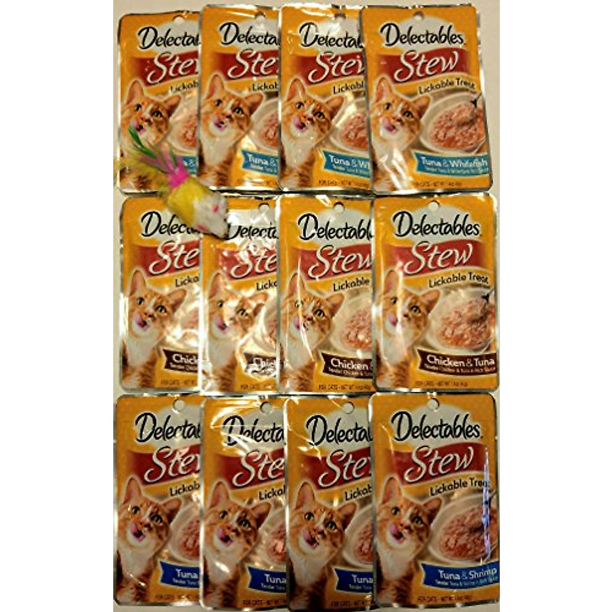 Delectables Stew Lickable Treats Variety Bundle Pack of 12. (4) Tuna & Whitefish, (4) Chicken & Tuna, (4) Tuna & Shrimp. 1.4 oz Each - Bonus Mouse Toy Included (Color May Vary)