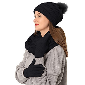 Double Couple 3pcs Winter Beanie Hat Scarf and Touch Screen Gloves Set for Women Knit Hat with Faux Fur Ball Scarves Glove