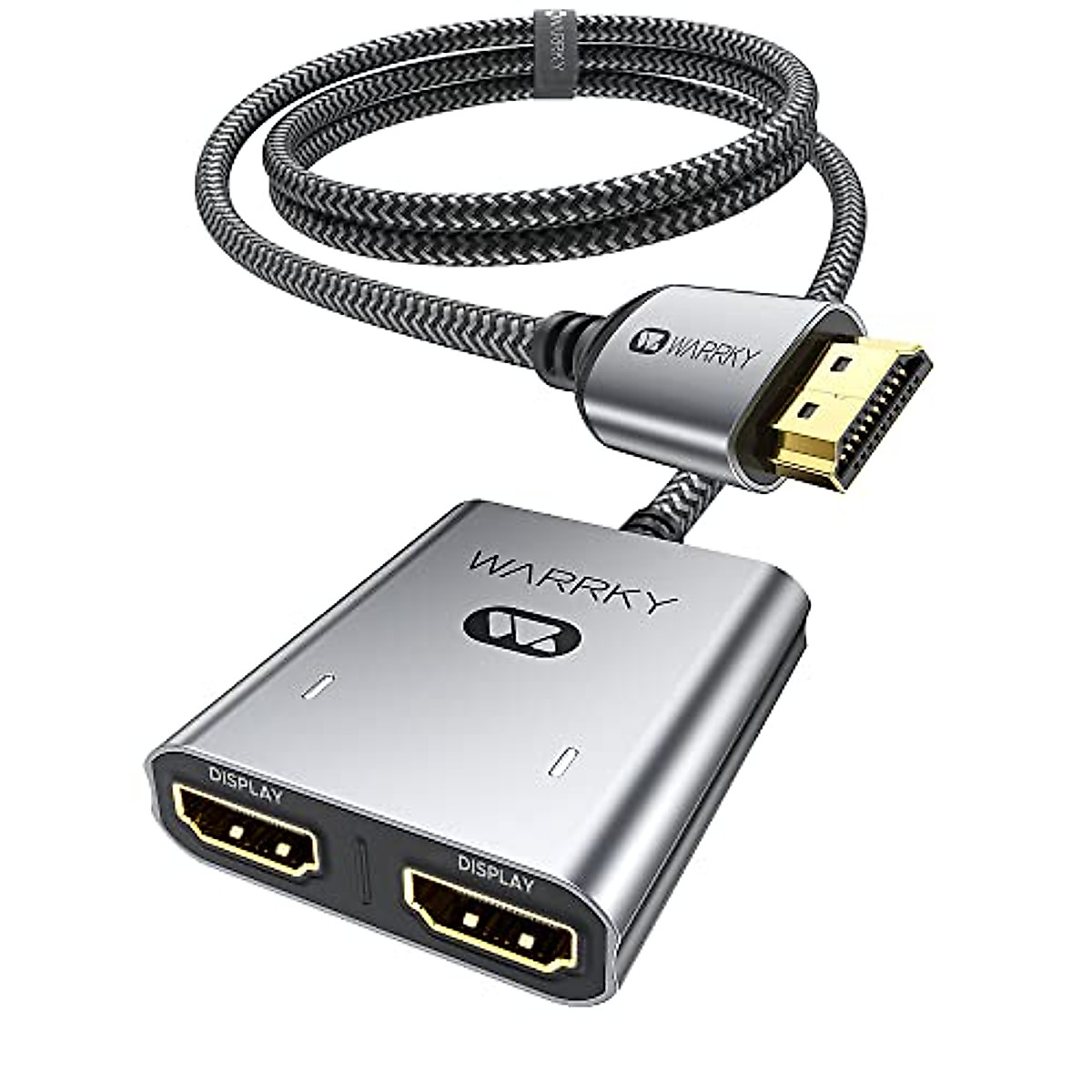 Warrky HDMI Splitter, Duplicate/Mirror, 4K HDMI Splitter 1 in 2 Out [Metal Case, Gold-Plated] with 3.3 Ft Braided HDMI Cable, Powered Splitter, 1 Source to 2 Identical Displays for TV, Projector