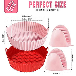 Hashimi Store Upgraded Air Fryer Silicone Liners with Heat Gloves-Pack of 2,Round Shape with Handles-Fit for 3 to 5 QT Air Fryer, Replace Paper with Silicone Air Fryer Liners (Red & Pink)