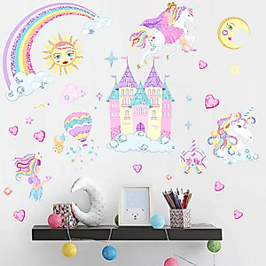 Castle Unicorn Wall Decals Princess Reflective with Heart Rainbow Vinyl Wall Stickers Gifts for Baby Girls Bedroom Party Decoration (3PCS)