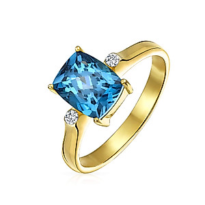 Personalized 3.17CT Genuine Gemstone Birthstones Zircon Accent London Blue Topaz Emerald Cut Engagement Ring Yellow 14K Gold Plated .925 Sterling Silver Customizable