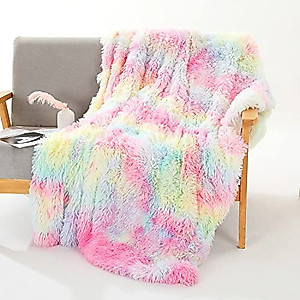 YOU SA Colorful Rainbow Design Shaggy Faux Fur Blanket Ultra Plush Long Hair Decorative Throw Blanket 51''x63'', Rainbow-1