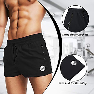 MICOZIFY Men's Gym Workout Shorts, 3" Bodybuilding Running Shorts, 3 inch Athletic Gym Shorts with Zipper Pockets Black